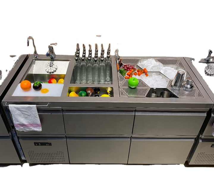 Stainless steel cocktail station with drawer fridge under bar bartender ...