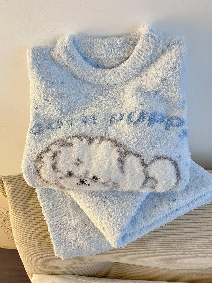 Cute Puppy Print Half Fleece Pajamas Crew Neck Long Sleeves Soft Fluffy ...