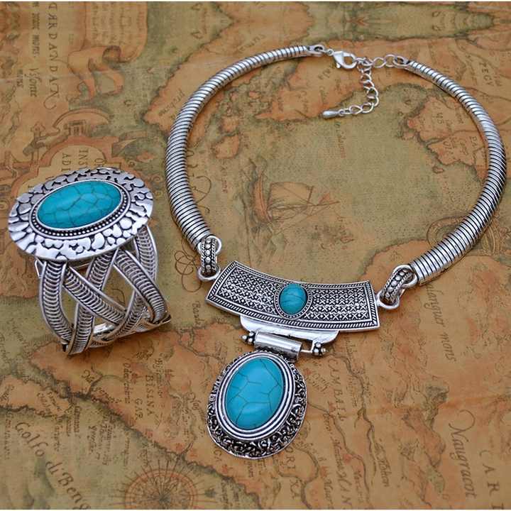 Vintage Western Jewelry Turquoise Sets Ethnic Style Necklace Bracelet ...