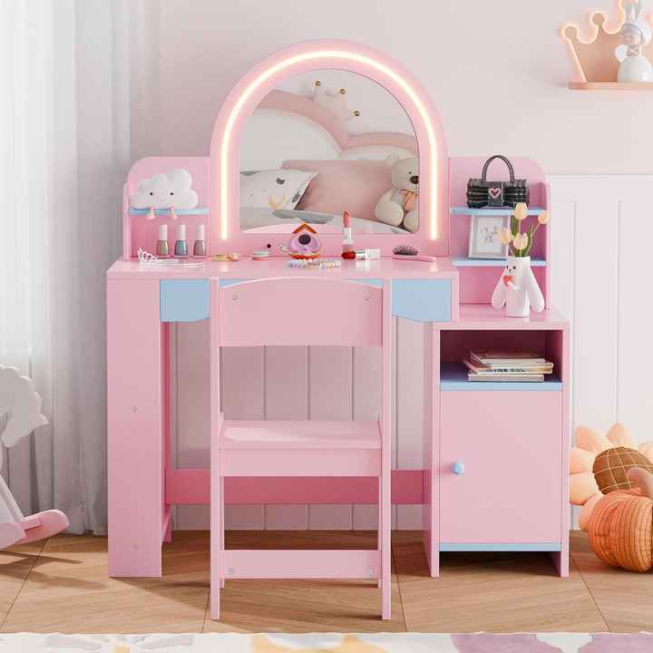Pink Kids Dressing Table with Mirror and LED Light Kids Vanity Table ...