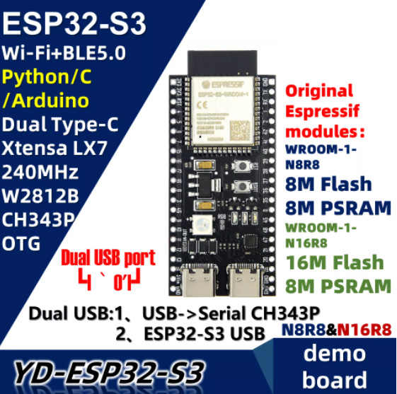 ESP32-S3 Development Board - Dual USB, Pyboard, Circuitpython