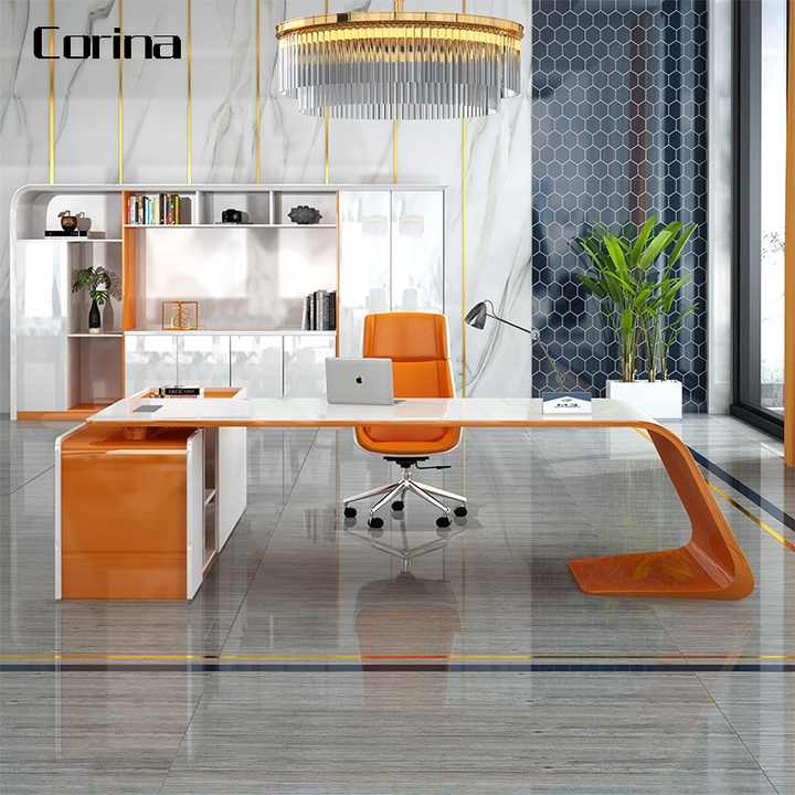 Luxury Executive Office Desk White Orange Office Table Design 2 Meter ...