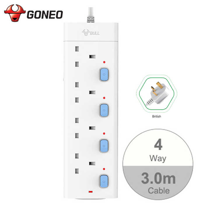 Bull 4-Way UK Extension Power Strip Surge Protector 13A Rated Current ...