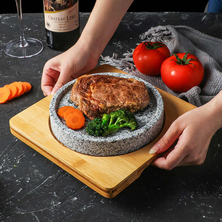 Volcanic Rock Steak Frying Pan Grooved Stone Slab Grill Pan with ...