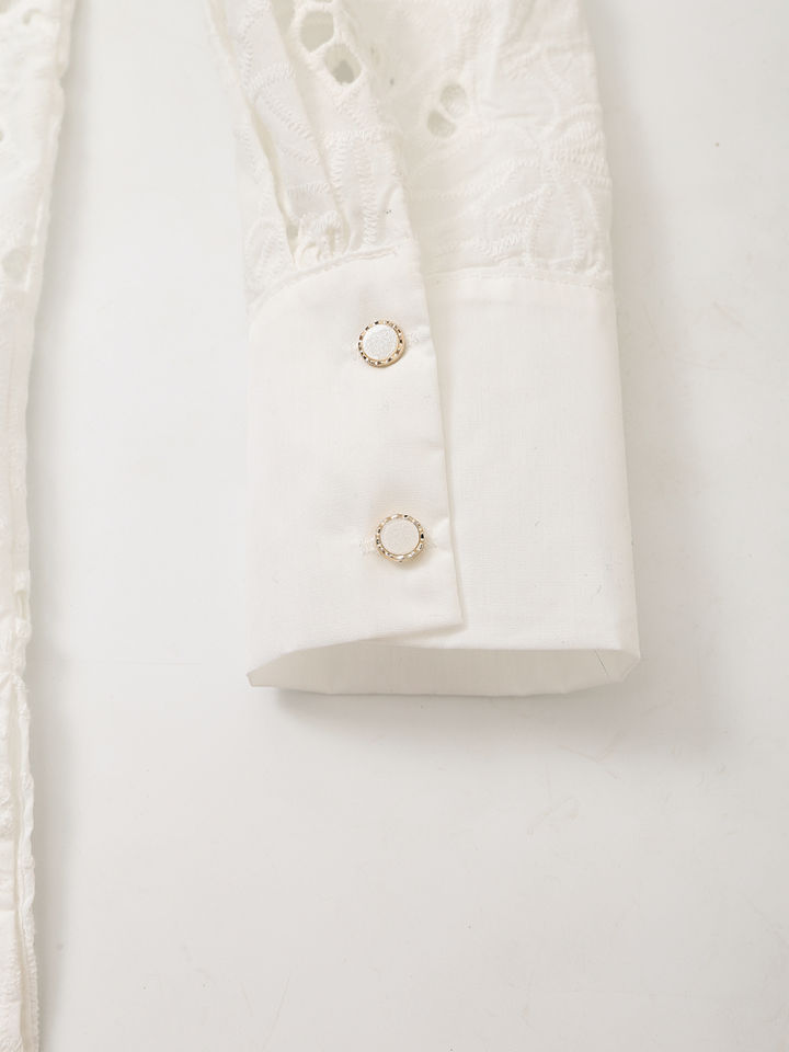 Embroidery Eyelet White Color Long Sleeve Turn Down Collar Casual ...