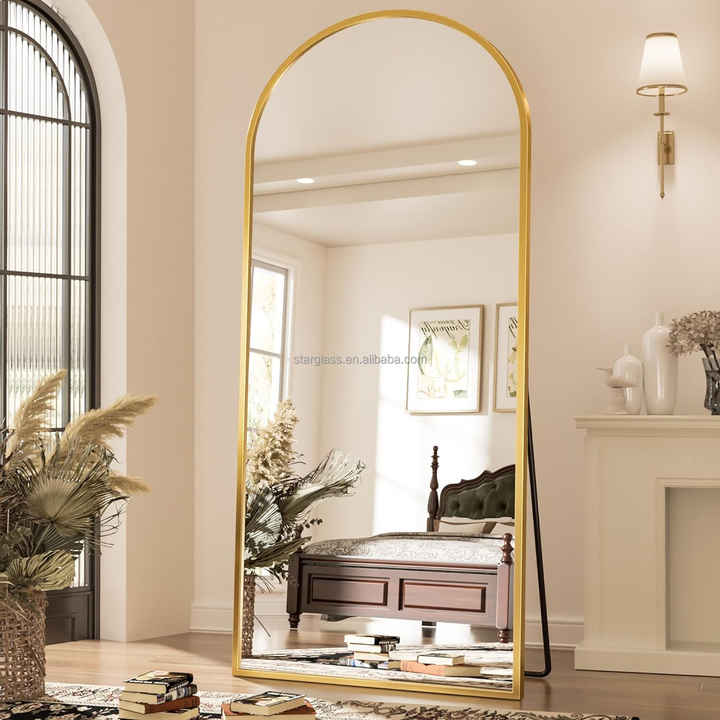aluminum frame vintage long big floor standing mirrors Gold large arch framed floor salon dressing wall