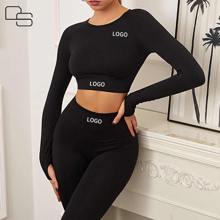 Custom Women Sports Wear Long Sleeve Sports Cropped Top and Leggings Set Gym Fitness Clothing ...