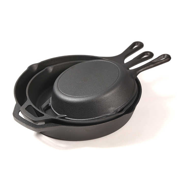 Pre-Seasoned Cast Iron Frying Pan with Long Handle 3-Piece Flat Skillet ...