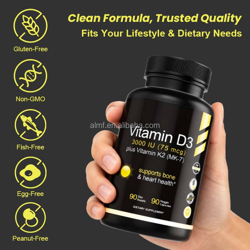 High Potency Vitamin D3 3000 IU (75mcg) + K2 (MK-7) 90 Veggie Capsules ...