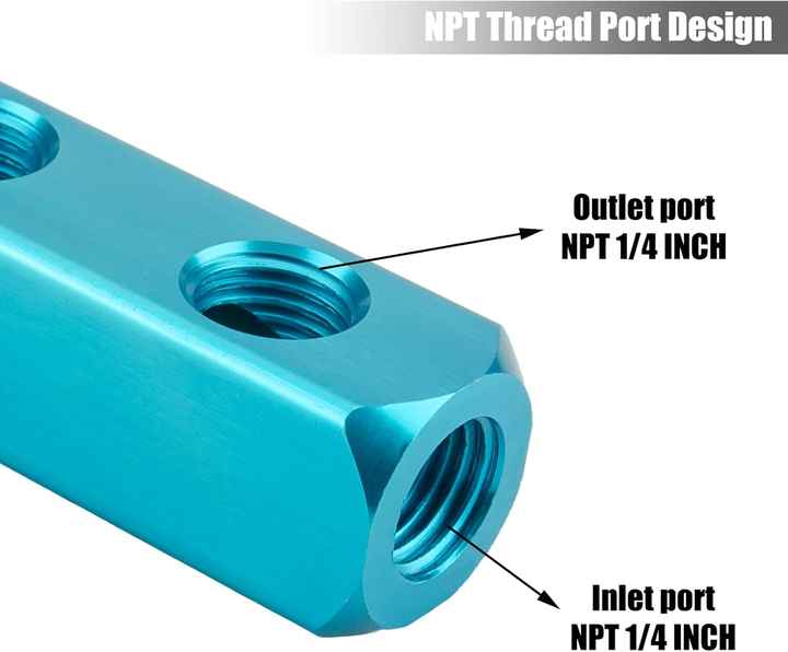 4-Way 7-Port Aluminum 1/4 Inch Inline Block Splitter NPT 1/4 Inch Output Port Pneumatic Air ...