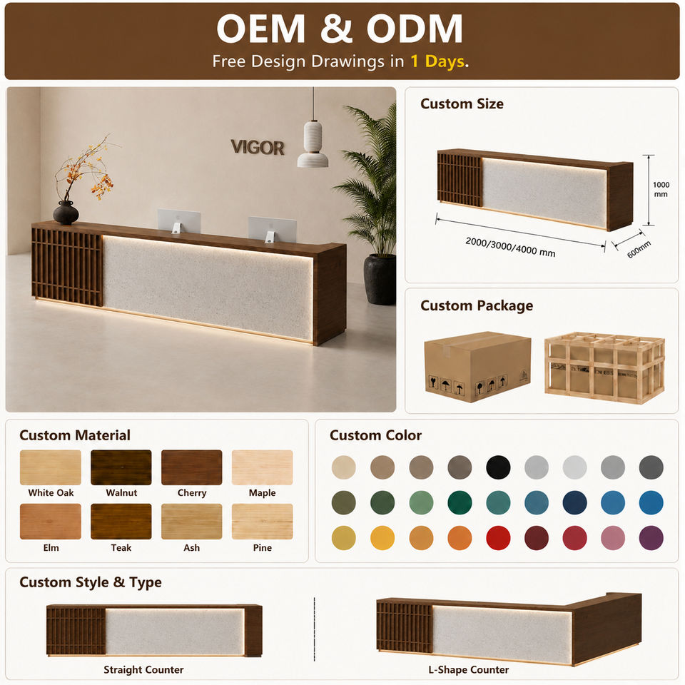 Modern Wabi-Sabi Reception Desk Terrazzo Walnut Wood Slatted LED Light ...