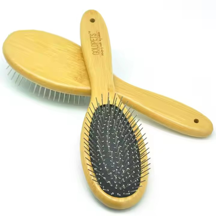 Sustainable Bamboo Wood Air Cushion Handle Comb Pet Steel Needle Comb ...