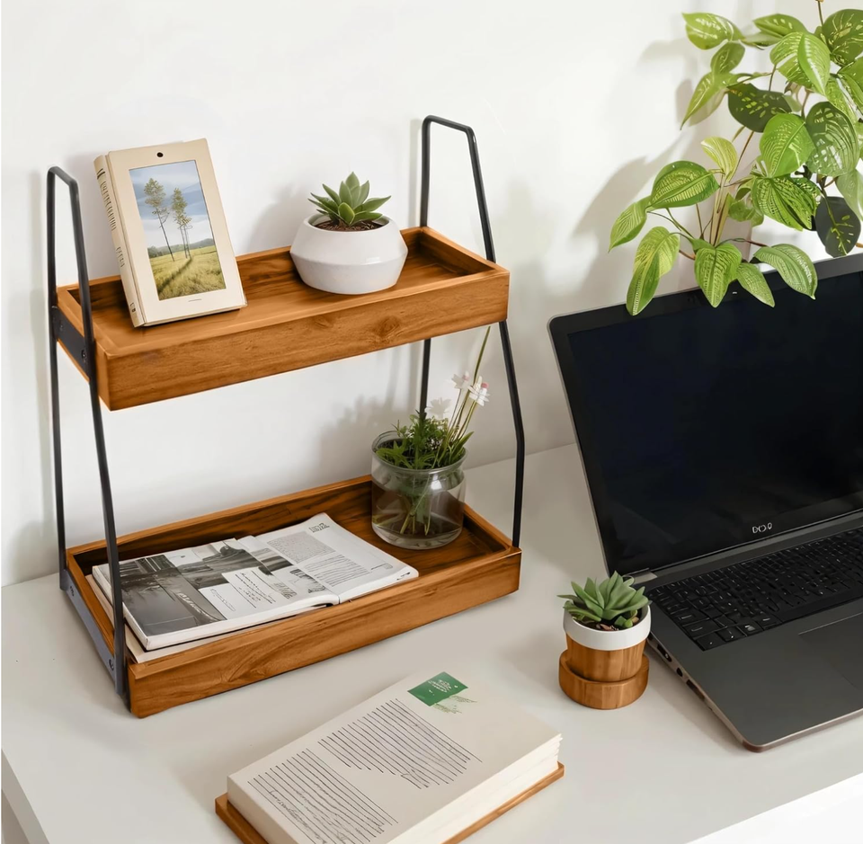 2 Tier Counter Organizer Household Wood Acacia Storage Shelf for ...