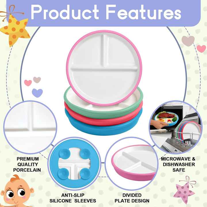 Kids Porcelain Plates with Silicone Suction Sleeve Antislip Ceramic ...
