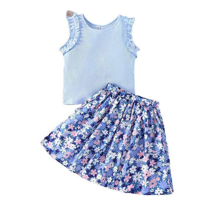 6-12 Years Teen Girls Clothes Ruffled Sleeveless Knitted Top+floral ...
