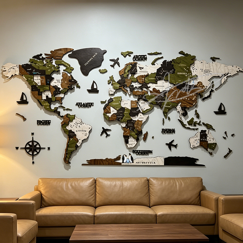 3D Wooden World Map Wall Art, Colorful Green and Brown Wood Grain World ...