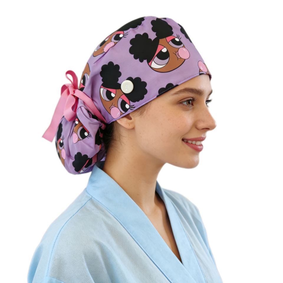 Custom Cartoon Character Girly Print Design Ponytail Nurse Caps Ribbon ...