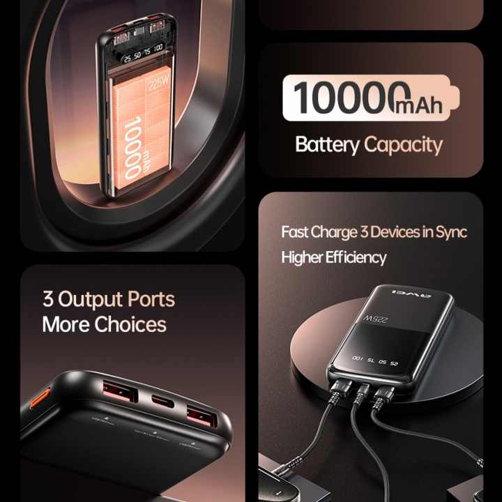 For Awei 10000mAh Dual Output Power Bank Emergency Safe USB-C Micro-USB ...