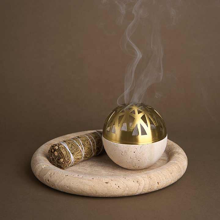Arabic Beige Marble Travertine Mubkhar Bokhoor Burner Set