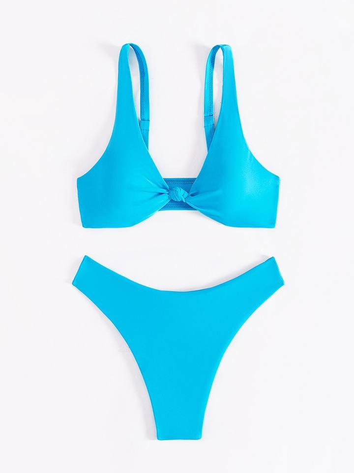 UDO Women's Bikini Set Solid V-Neck Knot Kront Push-up Crop Top High ...