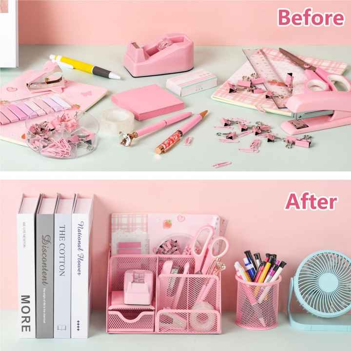 Custom Color Desk Organizer Set 11Pcs Pink Office Supplies Set Mesh ...