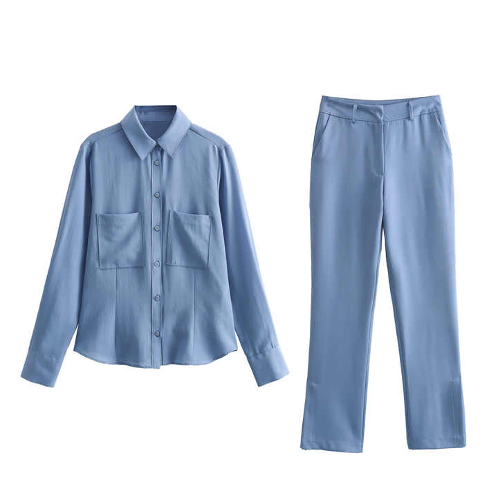 KAOPU ZA Women's Crepe Shirt Mid-Rise Split Hems Trousers Set Front ...