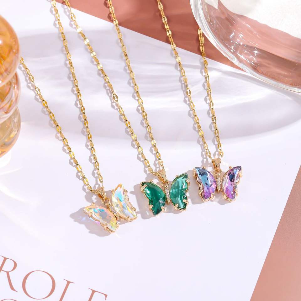 Gradient Butterfly Colorful Crystal Necklace Dainty O Chain 18k Gold ...