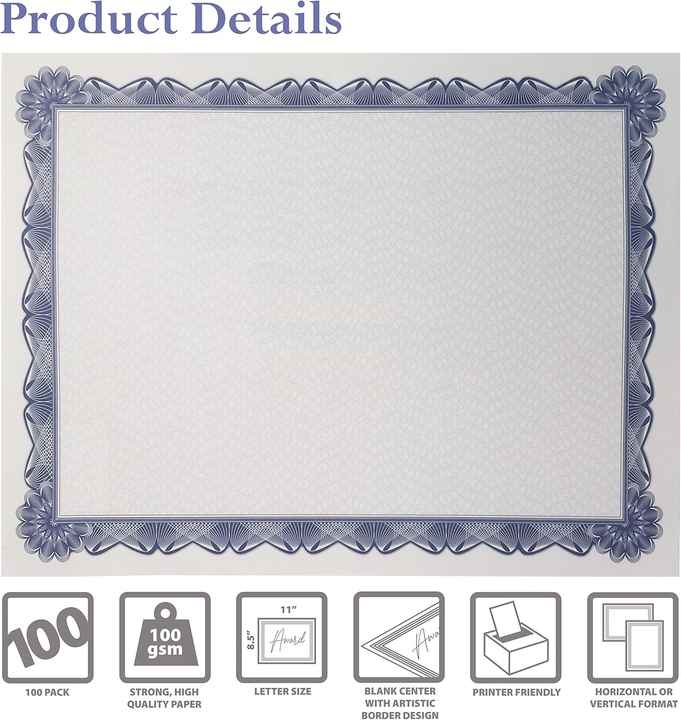 100 Sheet Blank Diploma Certificate Paper, Blue Border, Specialty Award ...