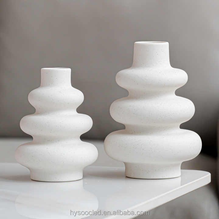 Decorative Vase Set of 2 Beige White Porcelain Spiral Vases