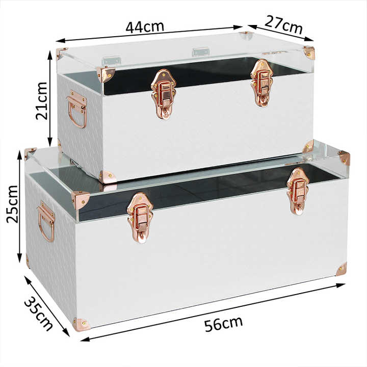 White Set of 2 Leather Storage Trunk with clear Acrylic Lid and Rose ...