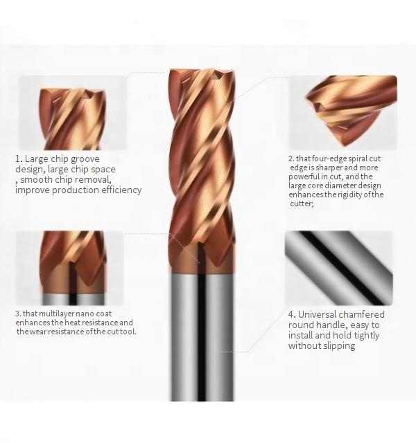 OEM 4-Flute Tungsten Steel End Mill Cutter 60 Hardness CNC Controlling ...