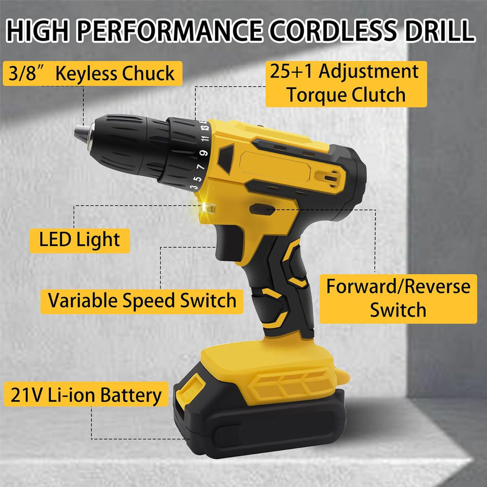 21V Cordless Impact Drill Set Mini Hammer Industrial DIY Power Drills ...