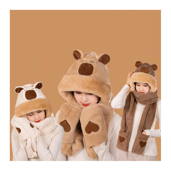 135CM Fluffy Capybara Winter Hat with Gloves Heart Thick Warm Plush ...