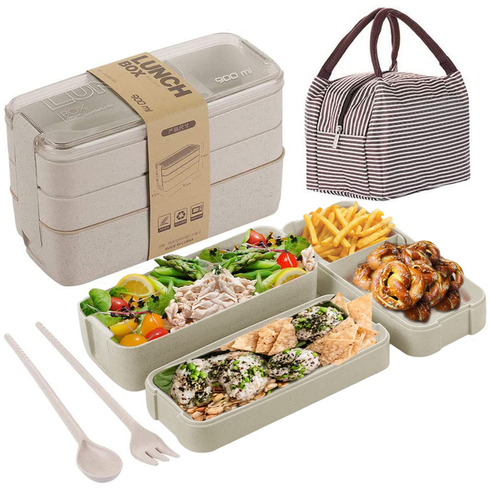 Lunch Box 1L Triple Tier Wheat Straw Food Grade BPA Free Stackable ...
