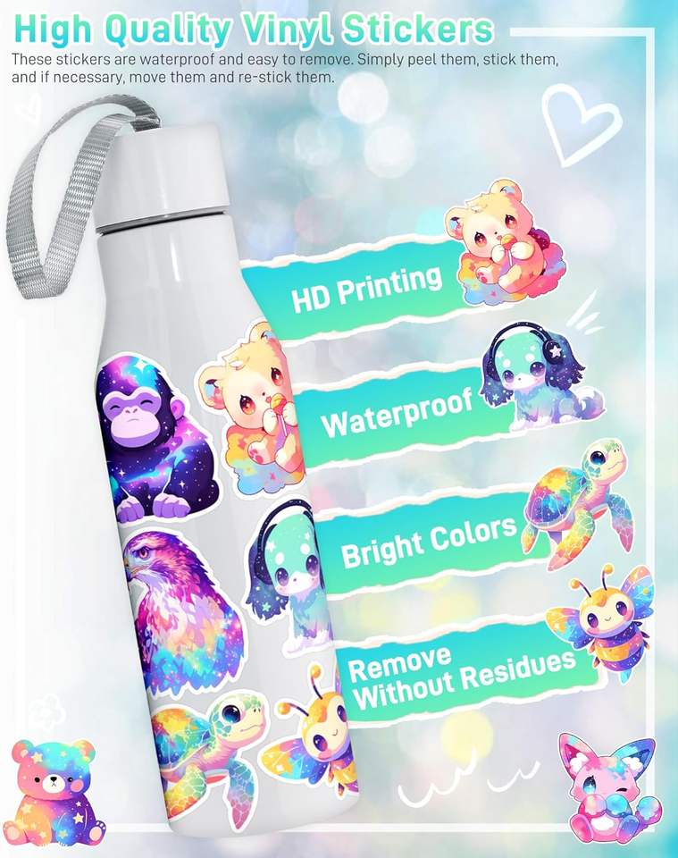 Cute Rainbow Animal Stickers Pack for Kids Girls Teens, Cartoon Starry ...