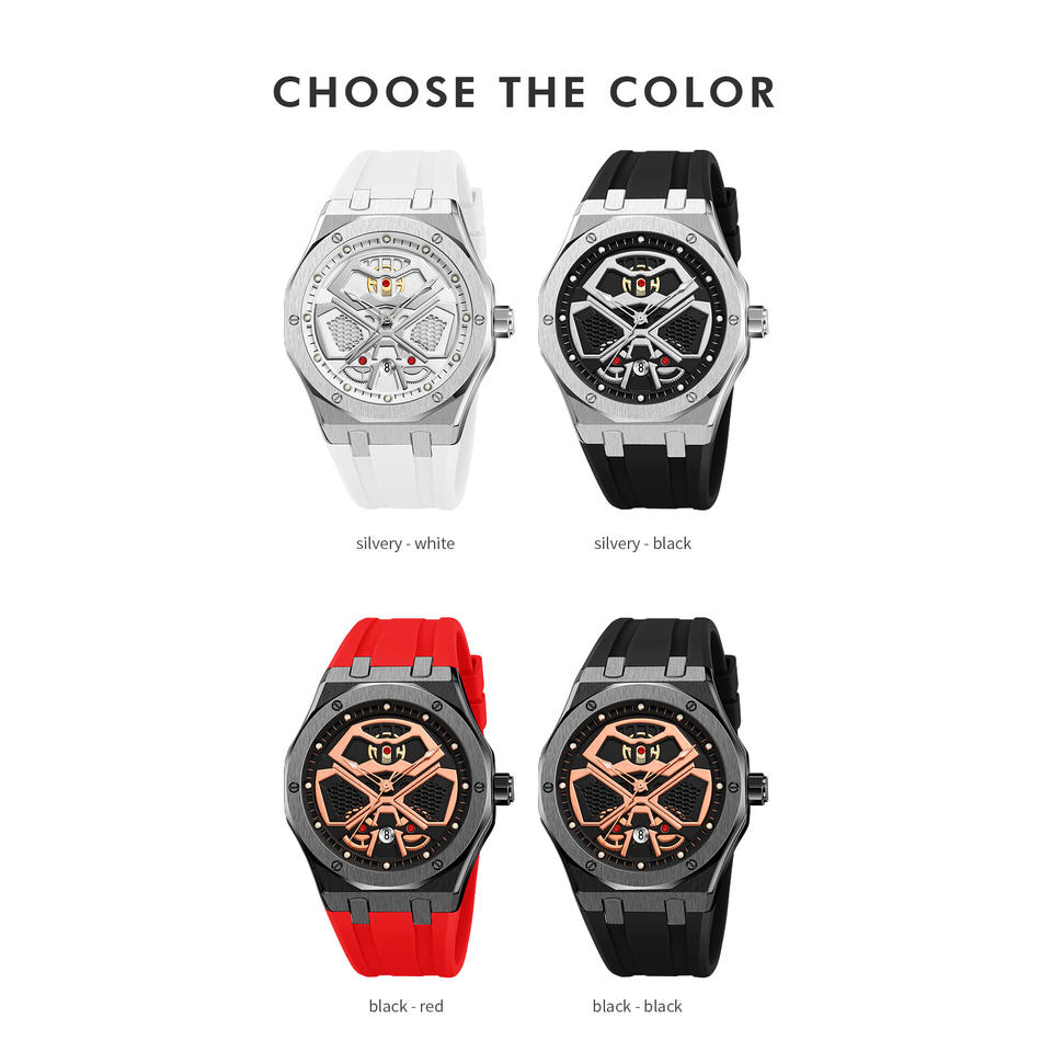 Mecha inspired men's watch Silver skeleton waterproof quartz wristwatch ...