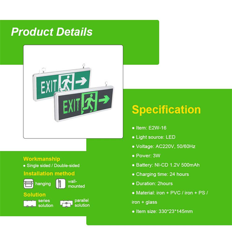 Wall Mounted Indoor Stair Iron Body 3W Rechargeable Led Fire Exit Sign ...