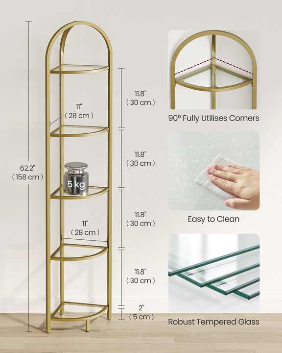 VASAGLE 5 Tier Gold Plant Stand Bathroom Freestanding Glass Shelf ...