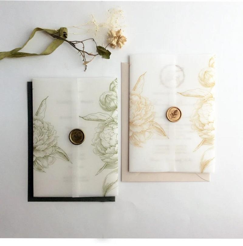5X7 Inch Wedding Invitation Card - Peony Floral Vellum Jacket