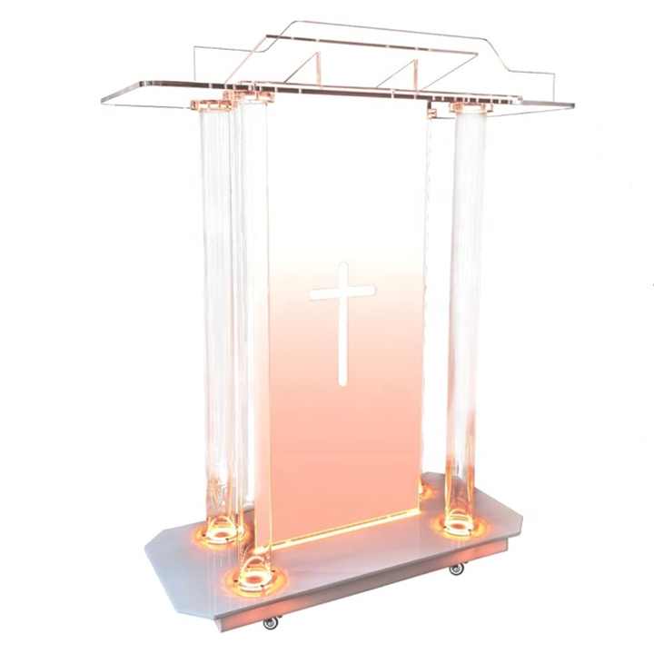 BOSN Portable Transparent Acrylic Podium Stand with Wheels & LED Lights OEM