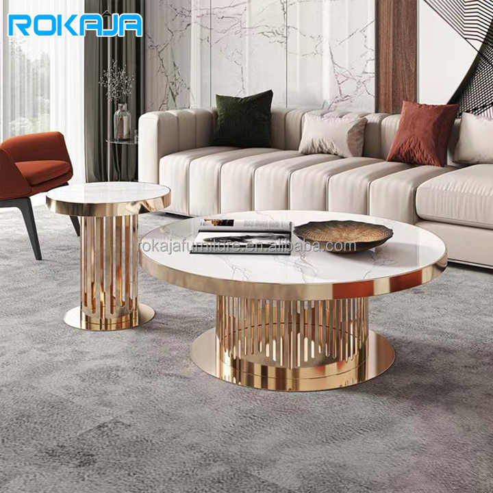Modern Design Round Coffee Table Set Luxury Metal Base Rock Slab Top ...
