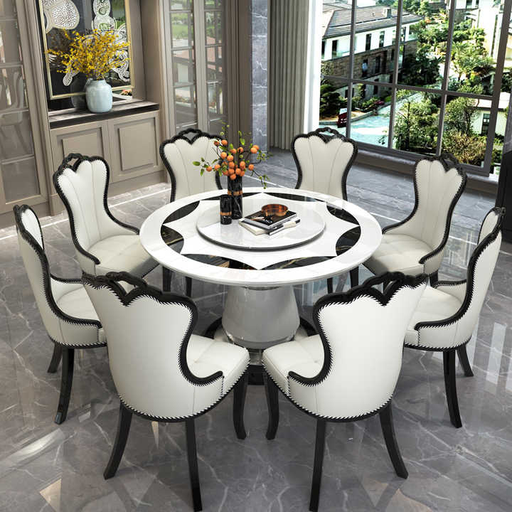 Italian Round Dining Table with Leather Chairs & Marble Top