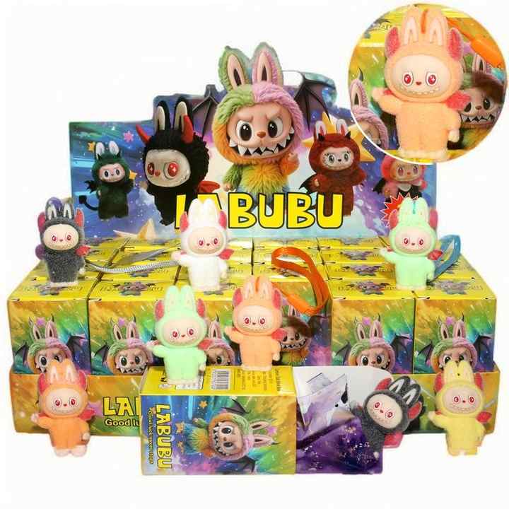 24Pcs/Set Labubu Flocking Blind Box Toys Mini Anime Figure Keychain ...