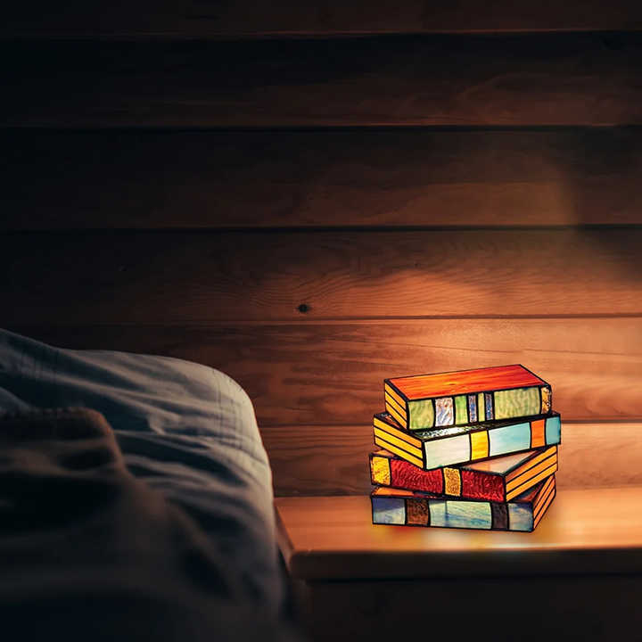 Stained Glass Stacked Books Lamp - Handcrafted Nightstand