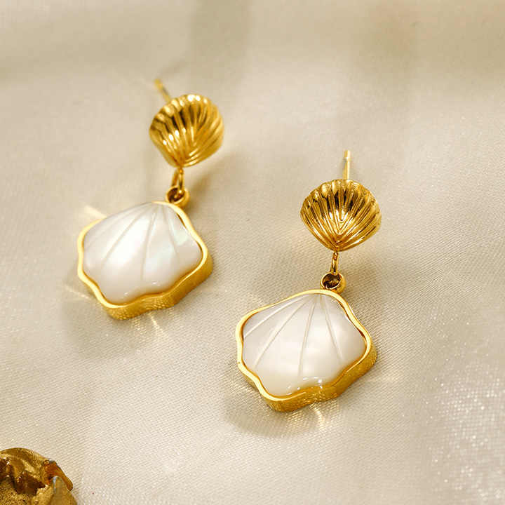 Fashion 18K Gold Plated Shell Shaped Earrings Stainless Steel White ...