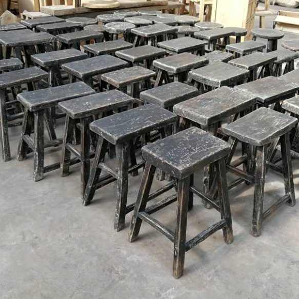 Distressed reclaimed solid wooden farm stool antique small rustic black ...
