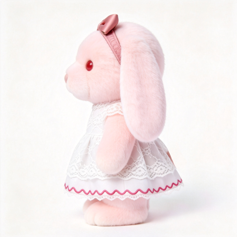 Peach Pink Floppy Ear Bunny Plush Doll With Satin Bow White Dress and ...
