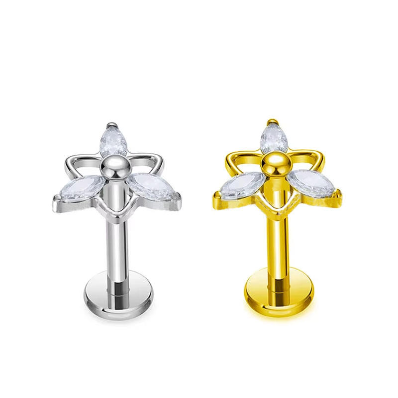 F136 Titanium Ear Bone Stud Triangle Flower Cross Inlaid Zircon Cross ...