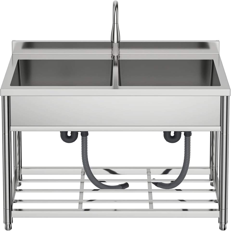 2-Compartment Commercial Sink, Stainless Steel Utility Sink with Pull ...