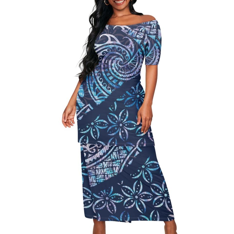 Blue Polynesian Texture Design Two Pieces Off Shoulder Dresses ...